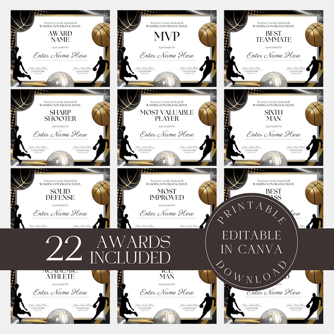 Editable Basketball Award Certificates Team MVP, End of Season (canva ...