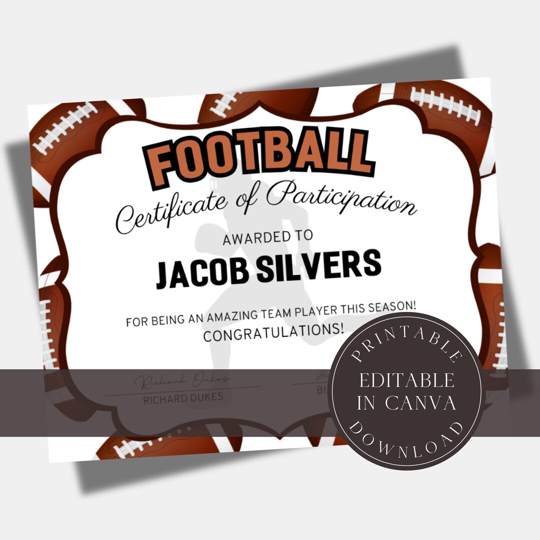 Editable Football Award Certificate Printable Team Participation (canva ...
