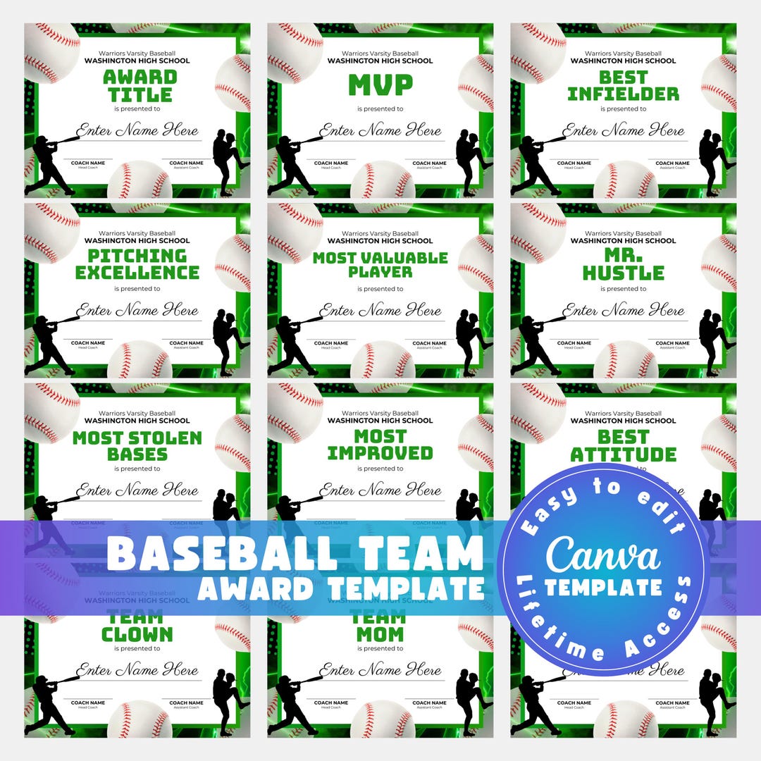 Baseball Awards Bundle, Editable Baseball Certificate Canva Template ...