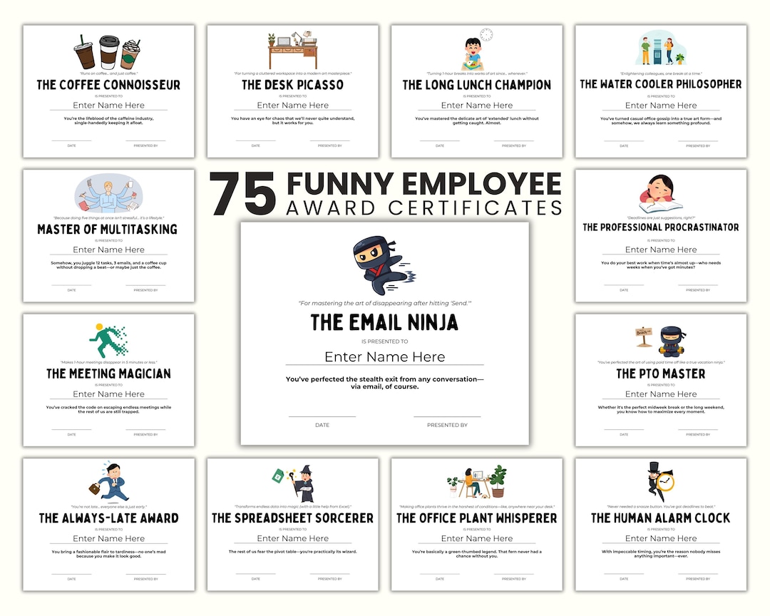 Funny Employee Award Certificates 75 Printable Staff Recognition Awards ...