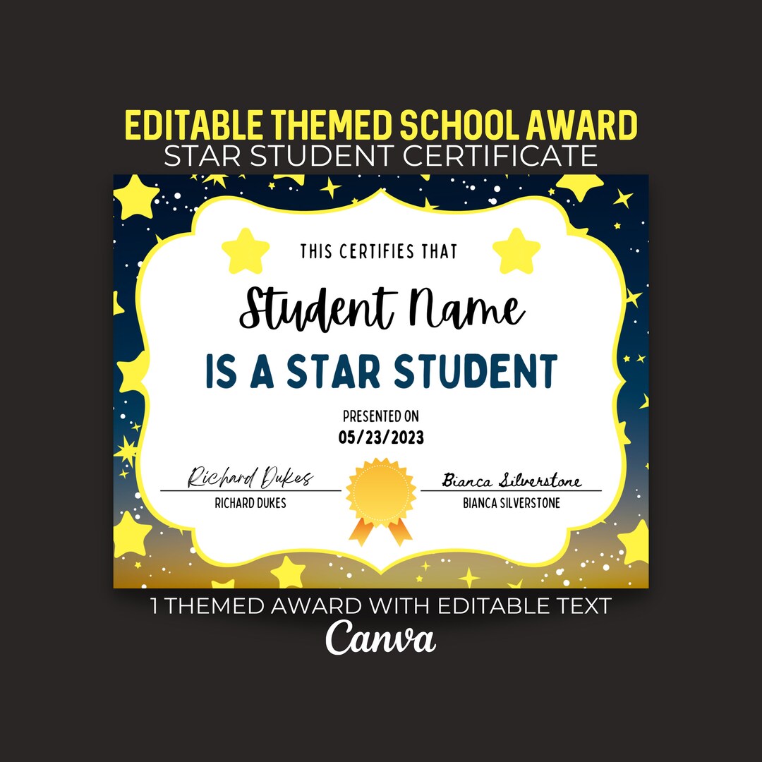 Editable School Certificate Star Student Elementary Classroom - Etsy