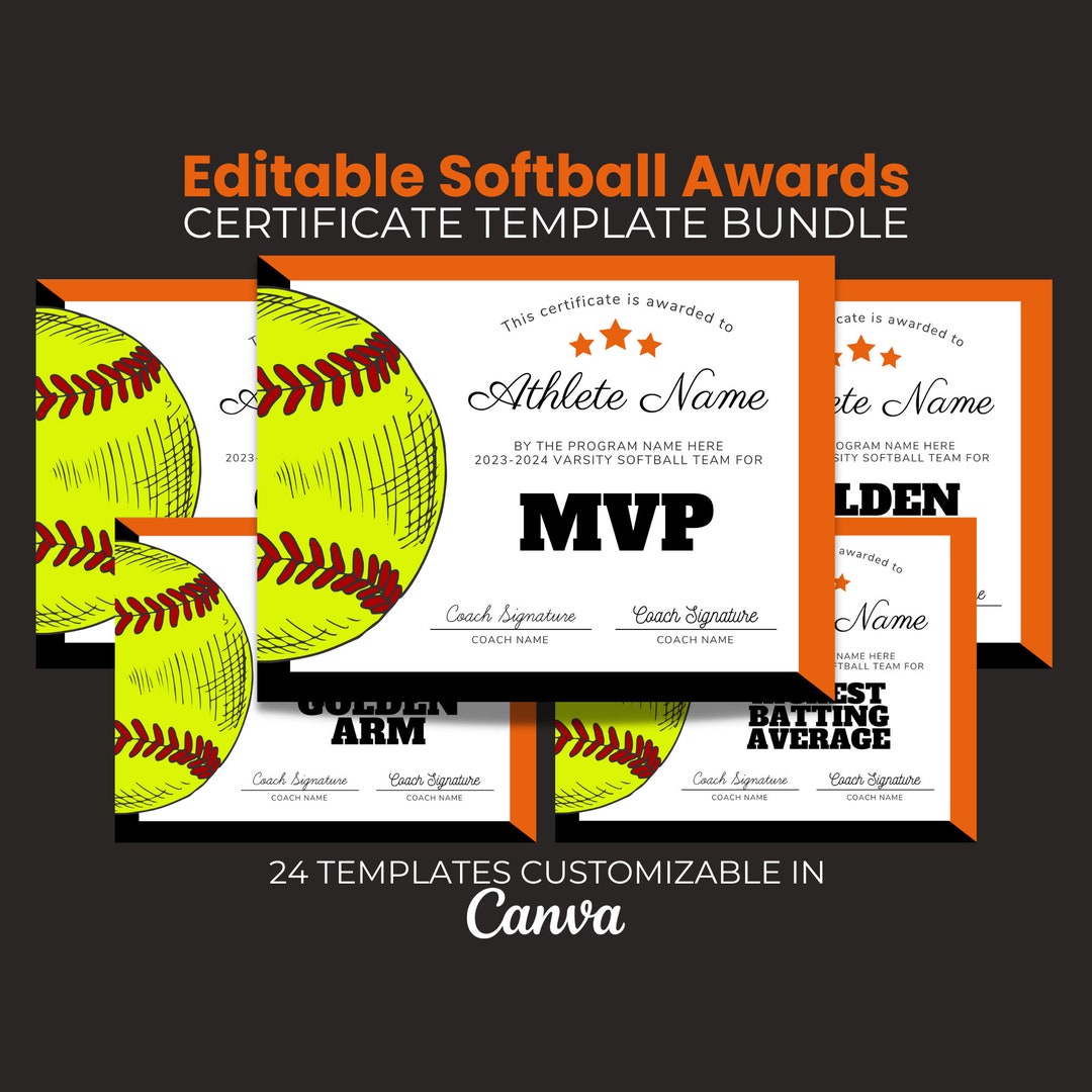 Softball Awards Printable, Softball Team Certificate Bundle, Editable ...