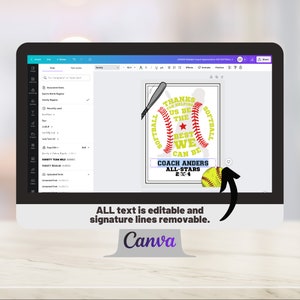 Editable Coach Appreciation Gift Softball Coach Thank You Card Softball ...