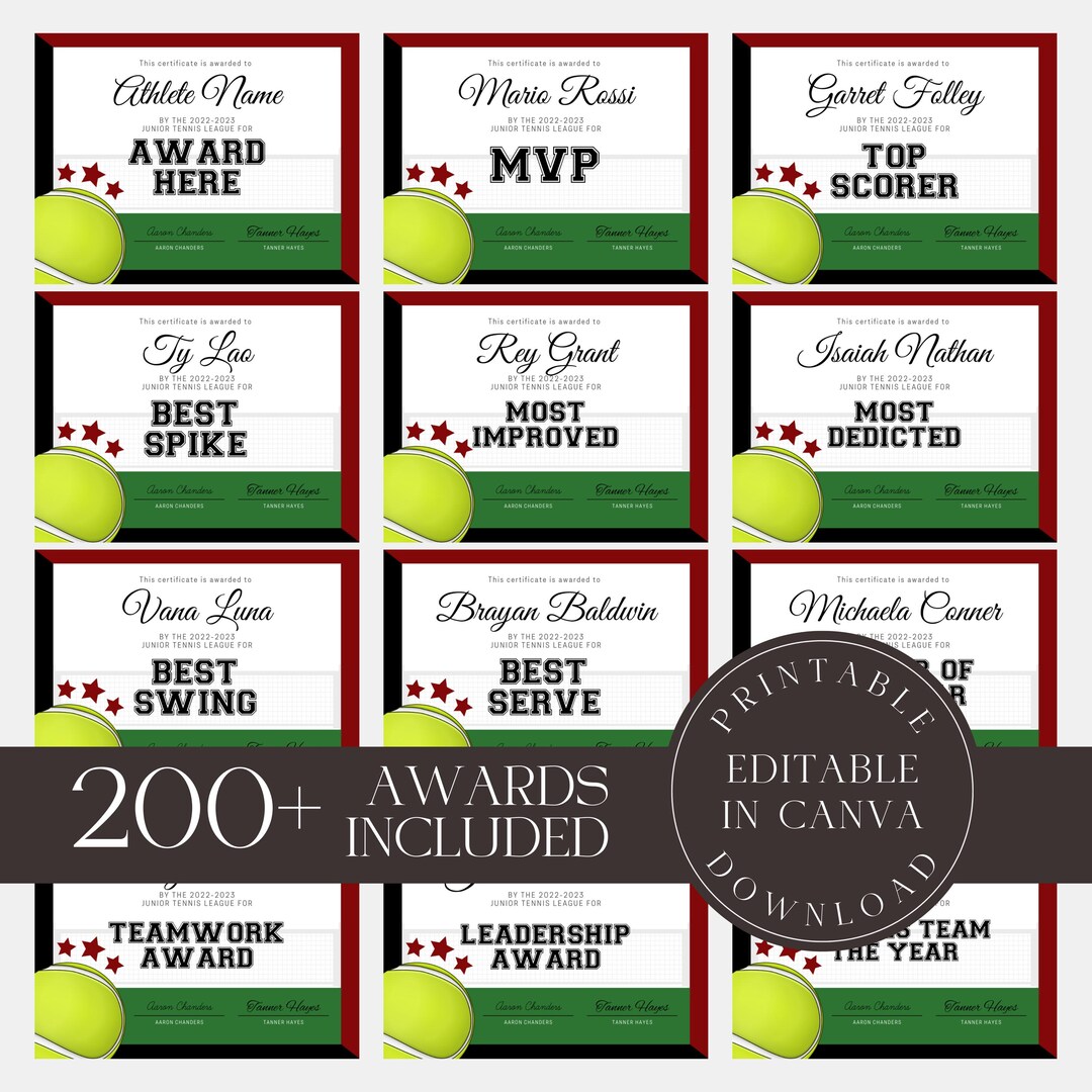 Editable Tennis Award Certificate Bundle Burgundy Printable (canva ...