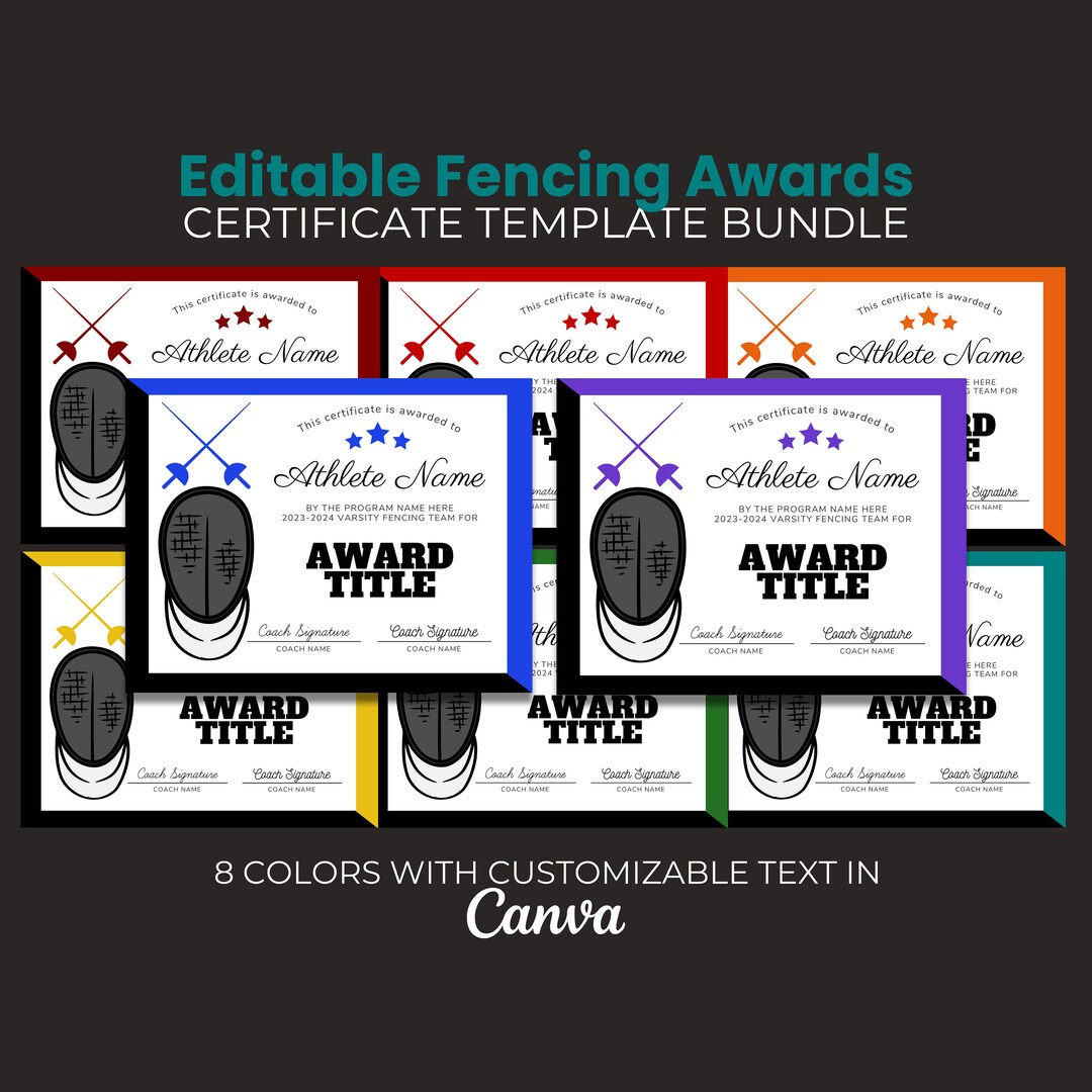 Editable Fencing Team Certificate, Fencing Awards, Printable Fencer ...