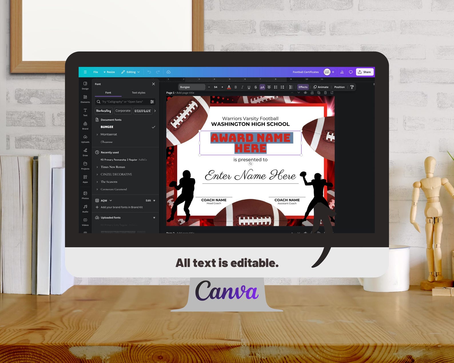 Editable Football Awards Template, Custom Football Award Certificates ...