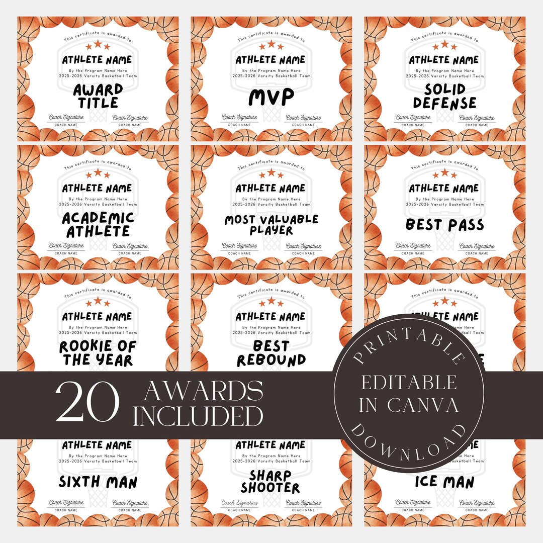 Editable Basketball Award Certificates, Basketball Awards Bundle Canva ...