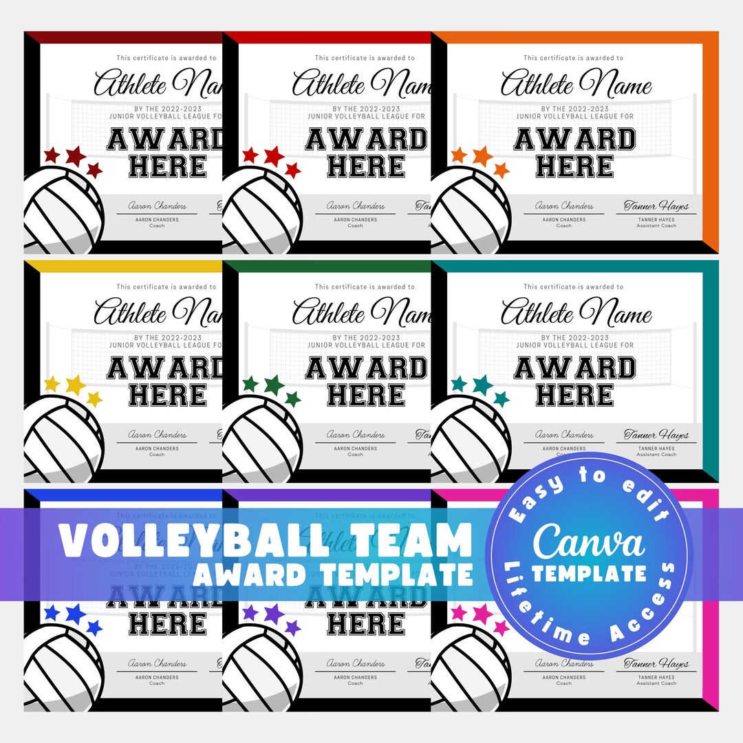 Editable Volleyball Awards Certificates Team Party Printables (canva ...