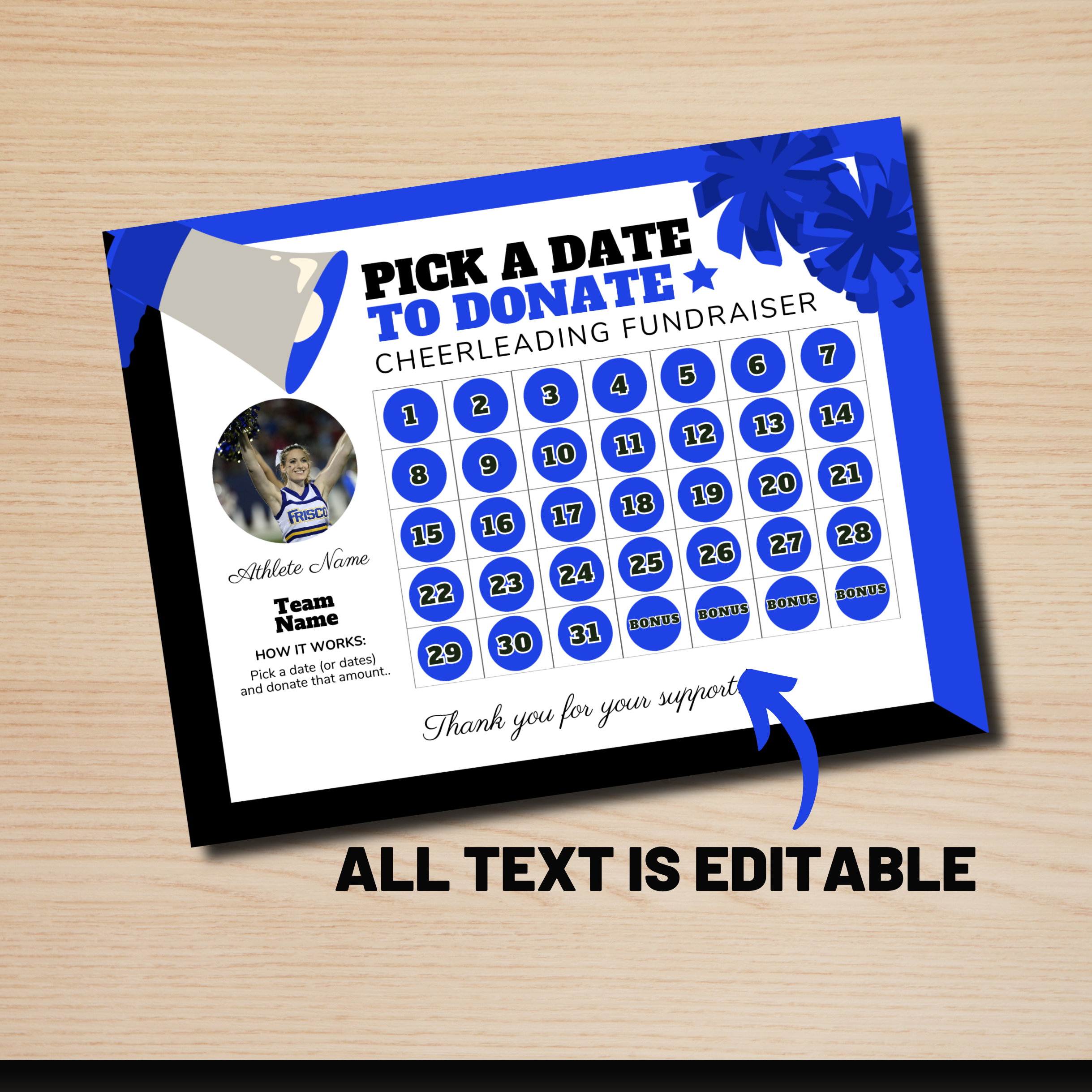 Editable Cheerleading Fundraiser Calendar Pick a Date to Donate (canva ...