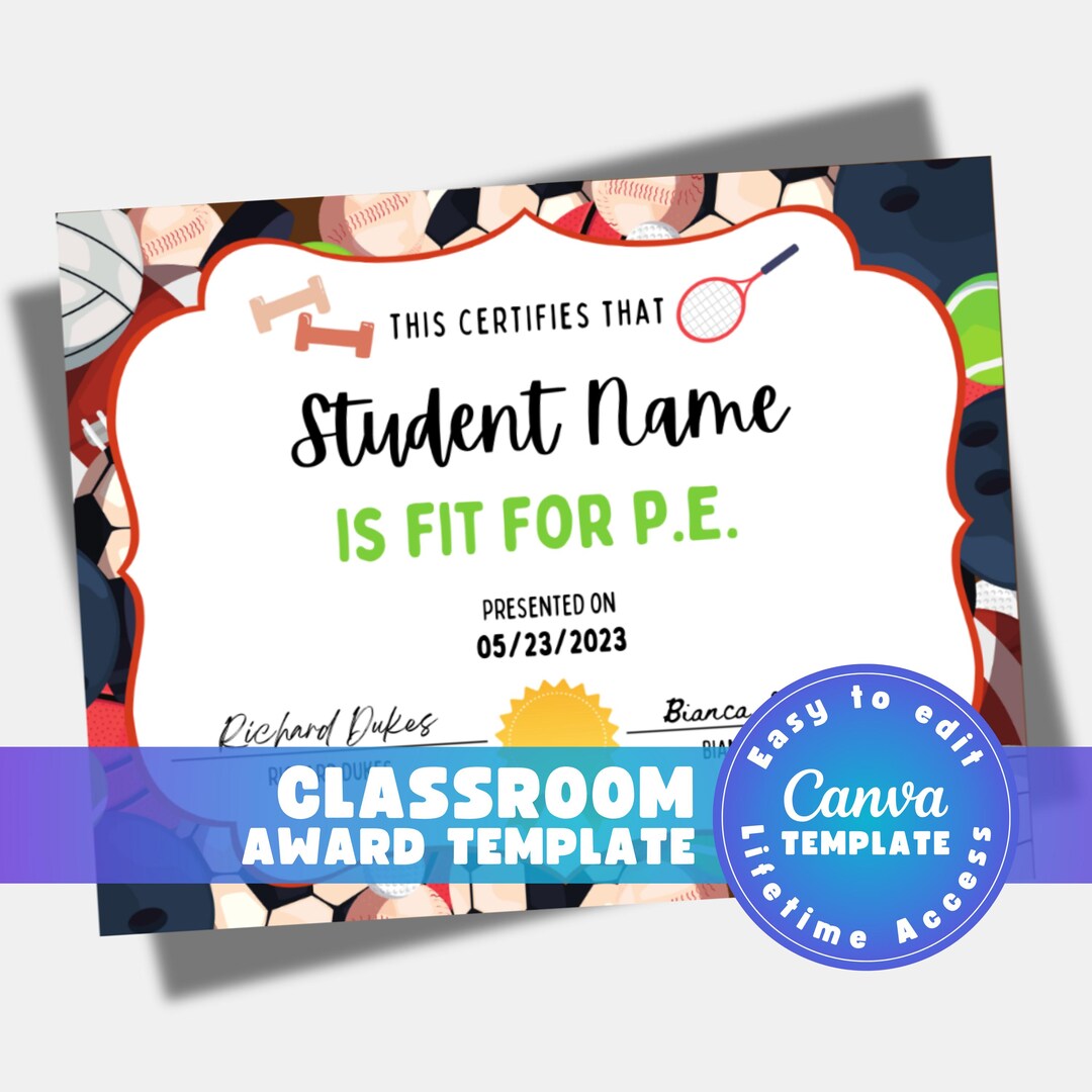 Editable School Certificate Physical Education Award Elementary Student ...