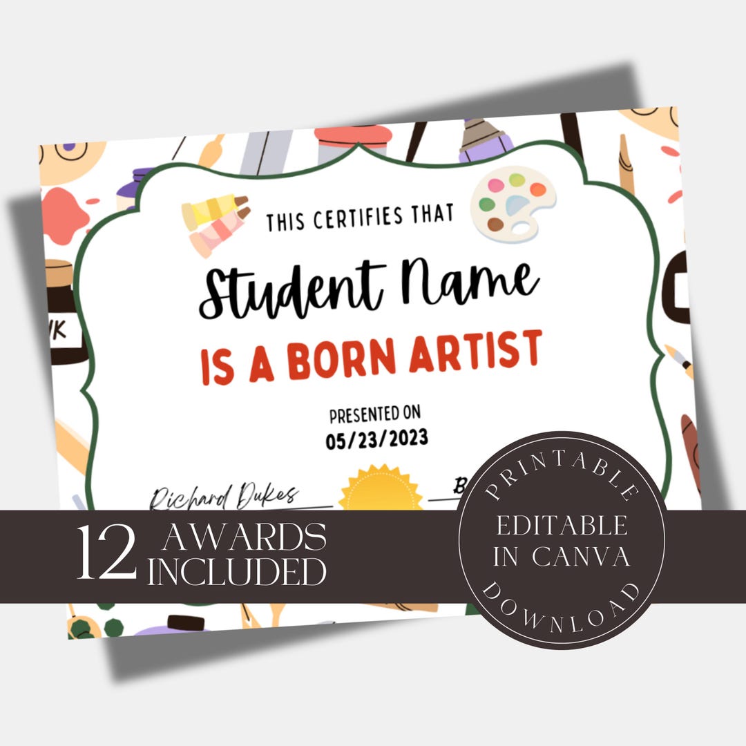 Editable School Certificate Art Award Elementary Student Classroom ...