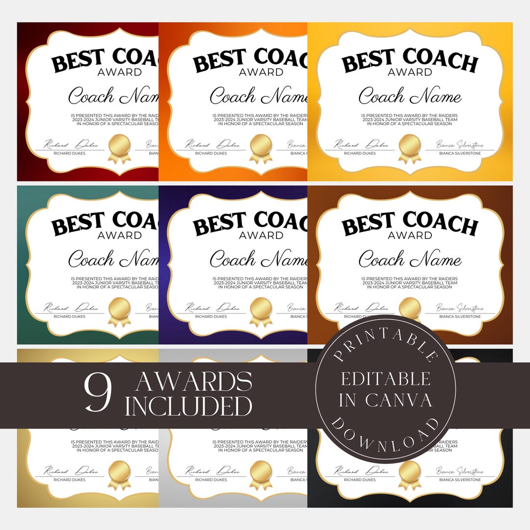 Baseball Coach Award Certificate Editable Canva Template (digital ...