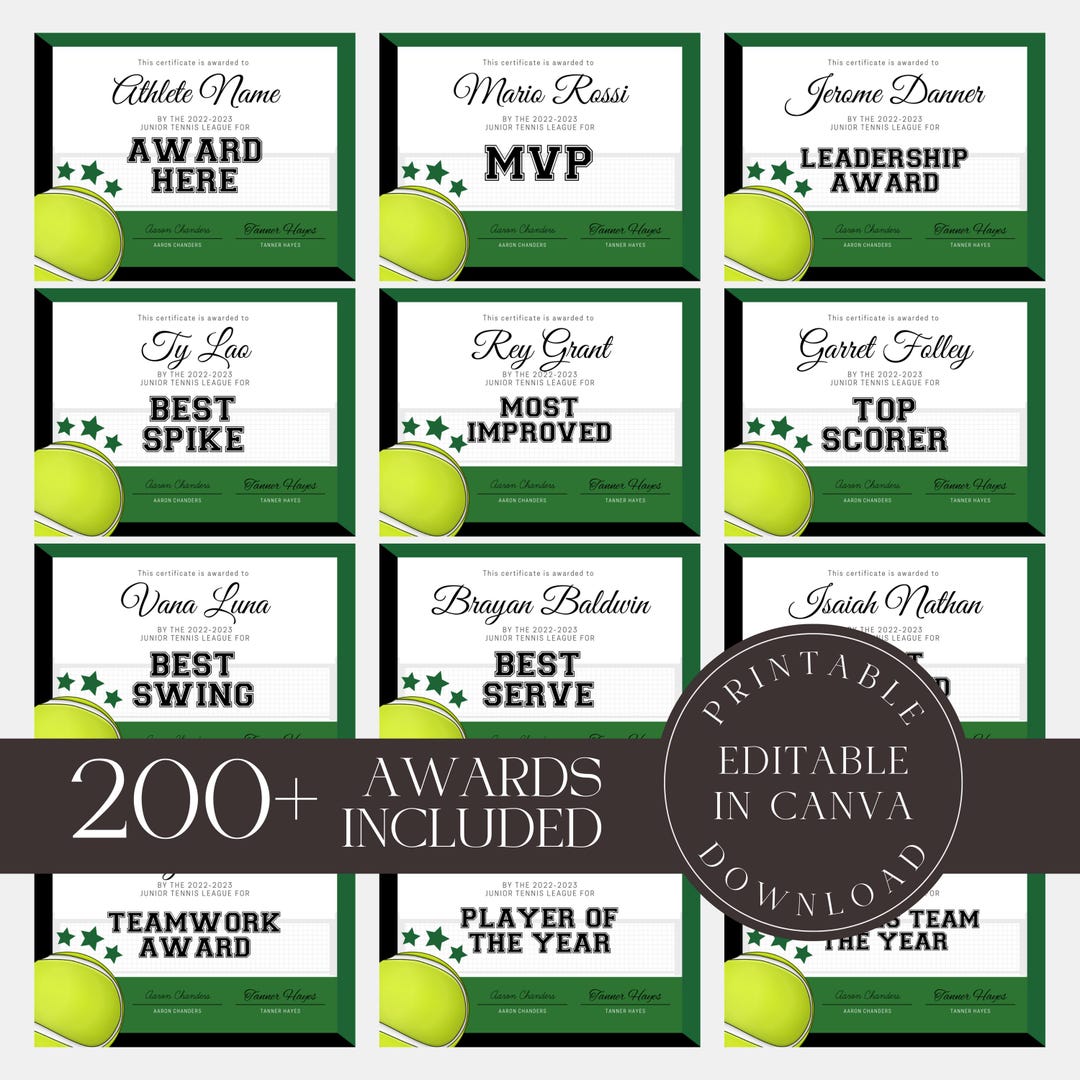 Editable Tennis Certificate Template Bundle Tennis Award Printable ...