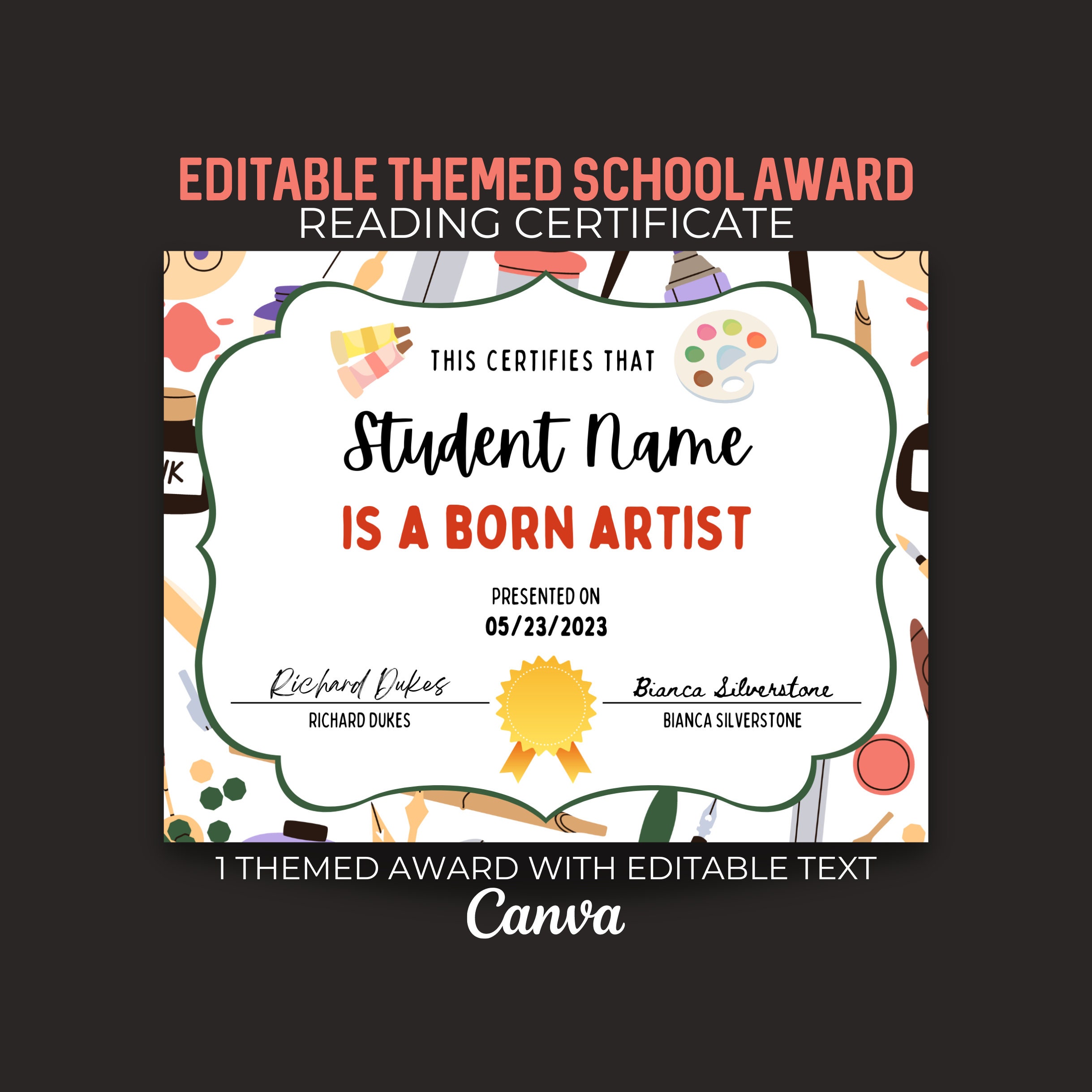 Editable School Certificate Art Award Elementary Student - Etsy