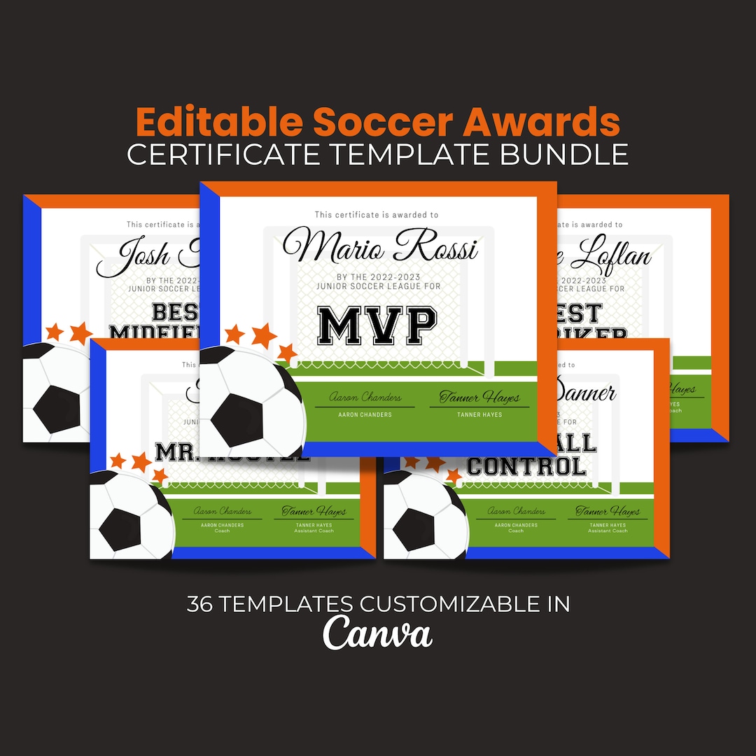 Editable Soccer Award Certificate, Template Bundle, Printable Award ...