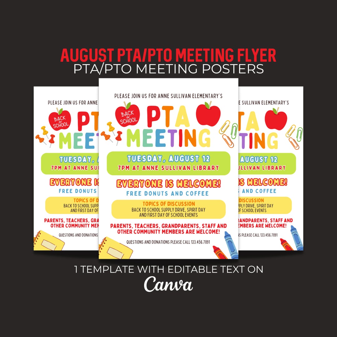 Editable August PTA PTO Meetings Flyer Canva Template - Etsy