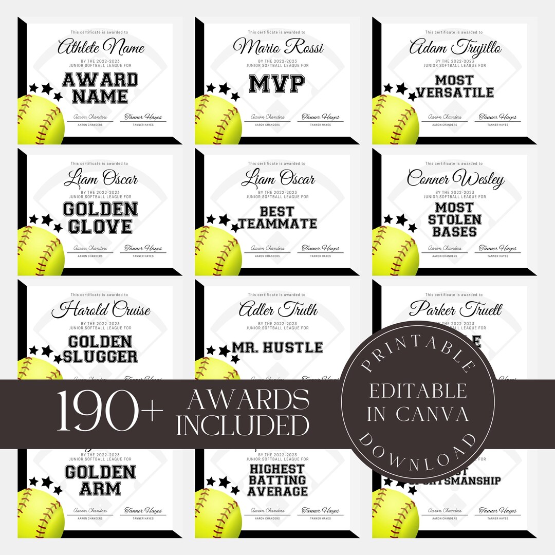 Editable Softball Awards Team Certificate Canva Template (digital ...