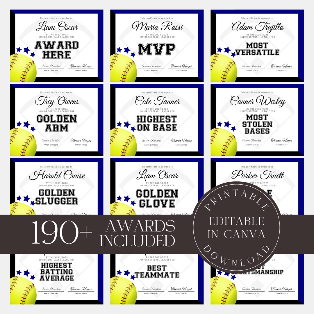 Editable Softball Awards: Team Certificate Canva Template (digital ...