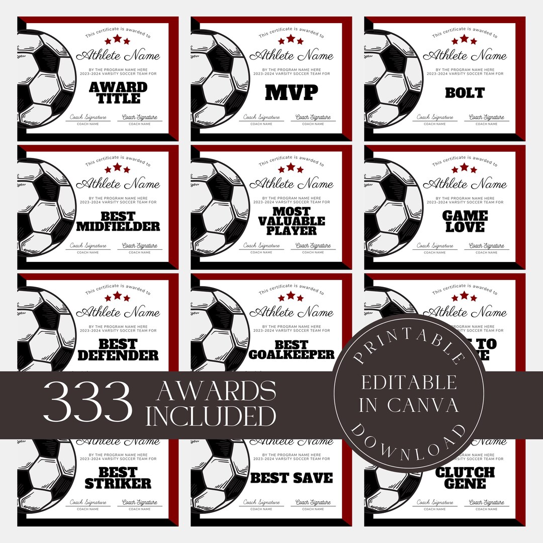 Editable Soccer Award Certificate Bundle Team Party Gift (canva ...