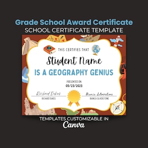 Editable School Certificate Student Geography Award, Elementary ...