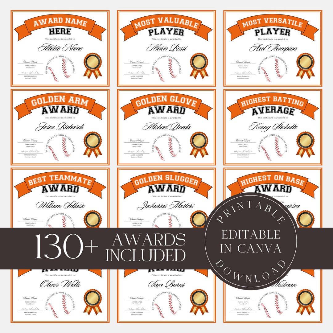 Baseball Awards Bundle, Editable Baseball Certificate Canva Template ...