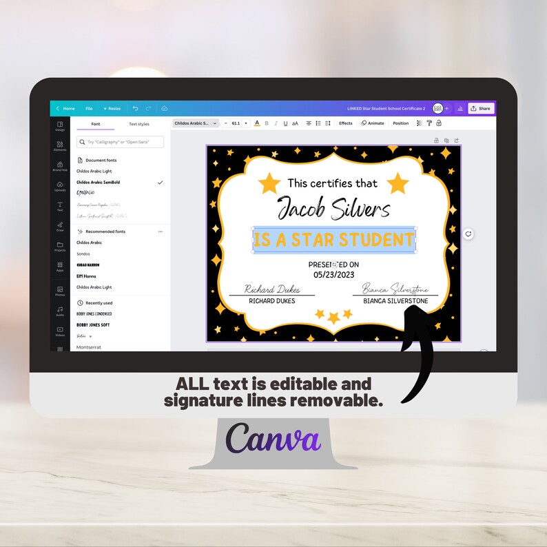 Editable School Certificate Star Student Elementary Classroom - Etsy