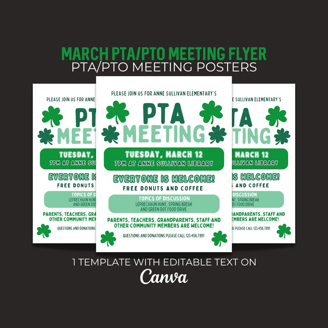 Editable March PTA PTO Meetings Flyer Canva Template Printable - Etsy