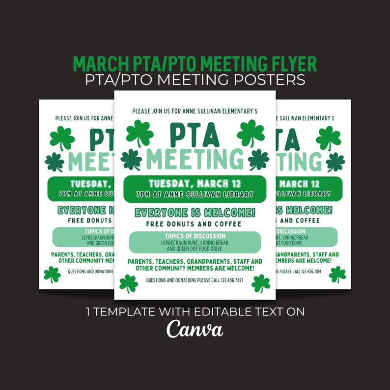 Editable March PTA PTO Meetings Flyer Canva Template Printable - Etsy