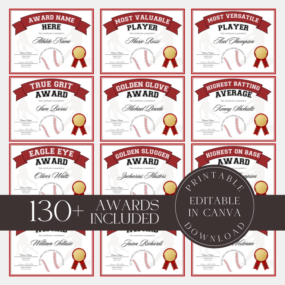Baseball Awards Bundle, Editable Baseball Certificate Canva Template ...