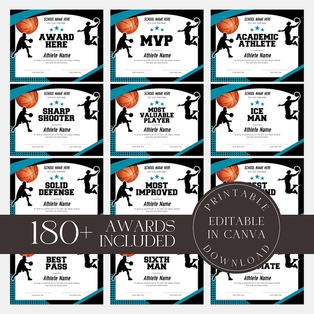 Editable Basketball Award Certificates Team MVP Canva Template (digital ...