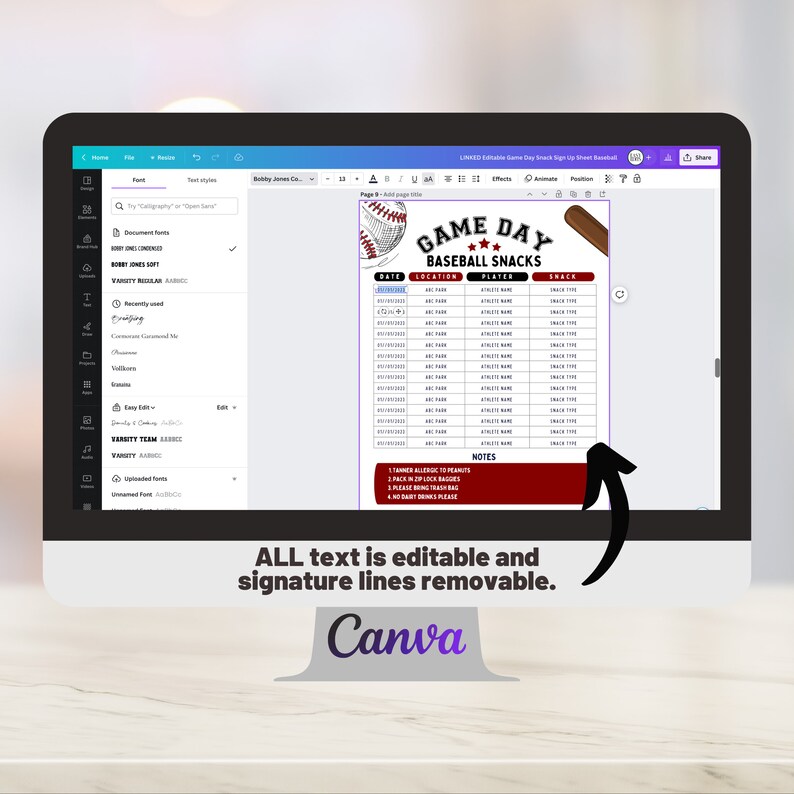 Editable Baseball Snack Sign up Sheet Game Day Schedule Canva - Etsy