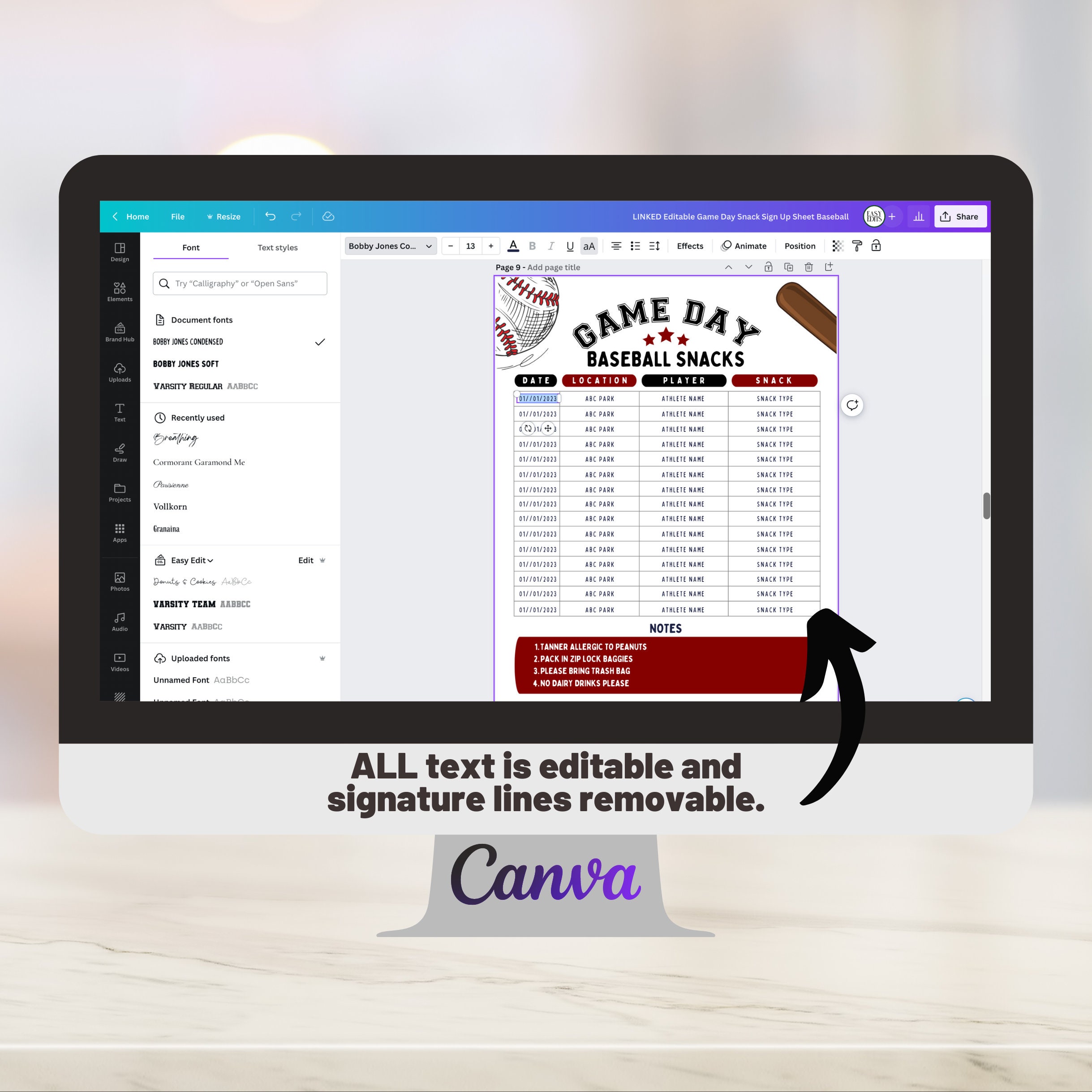 Editable Baseball Snack Sign up Sheet Game Day Schedule Canva - Etsy