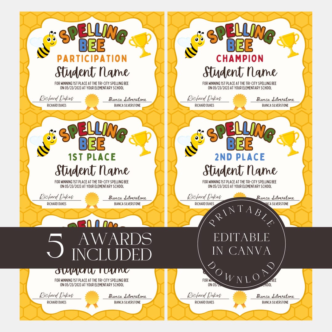 Editable Spelling Bee Certificates Spelling Bee Printable Certificates ...