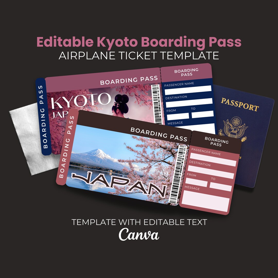 Japan Surprise Boarding Pass, Printable Kyoto Ticket Canva Template ...