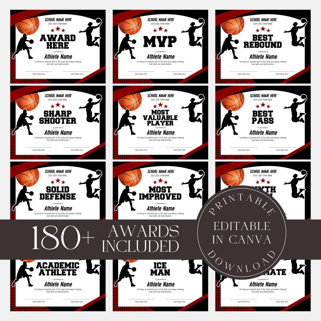 Editable Basketball Award Certificates Team MVP Template (canva) - Etsy