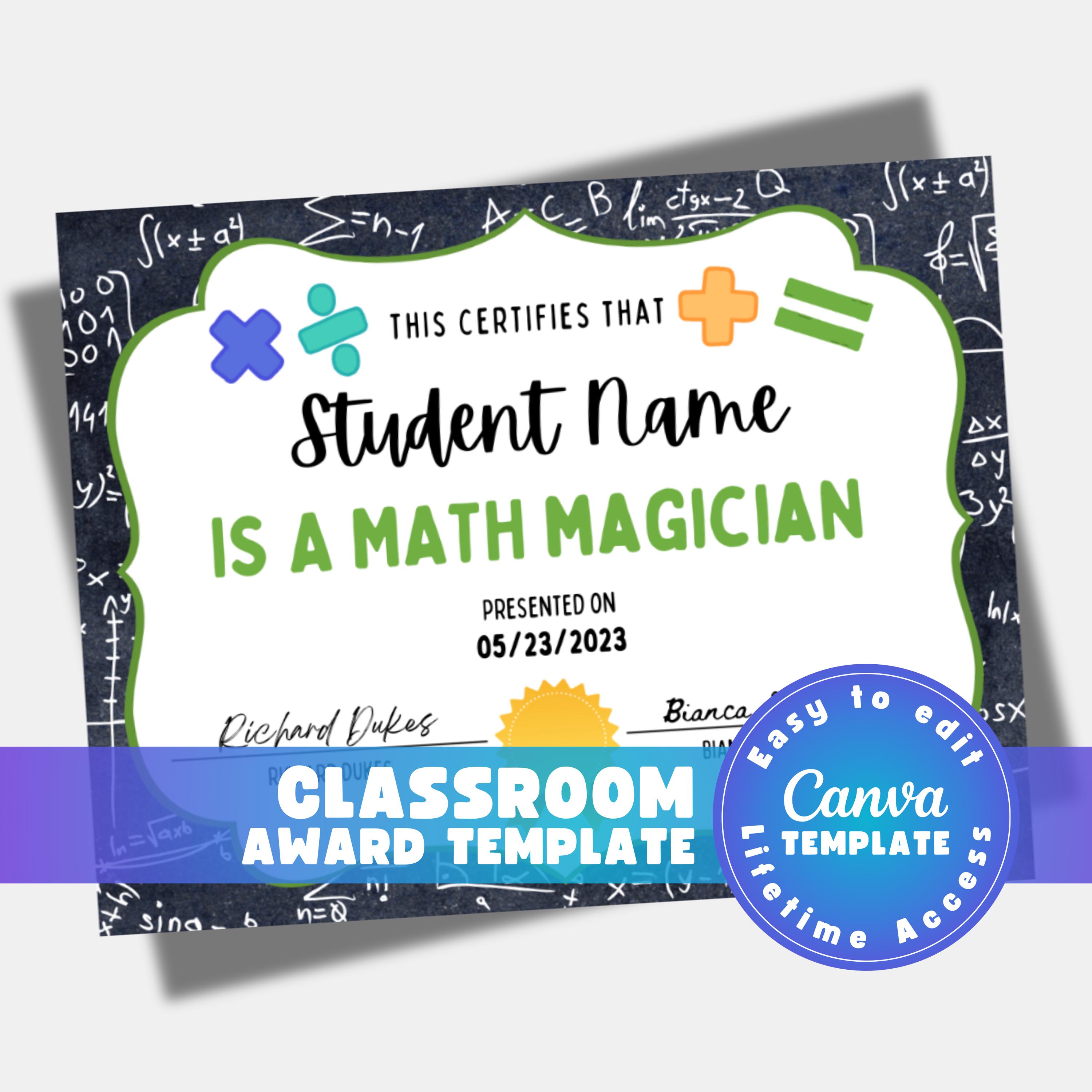 Editable School Certificate Math Student Elementary Classroom Award ...