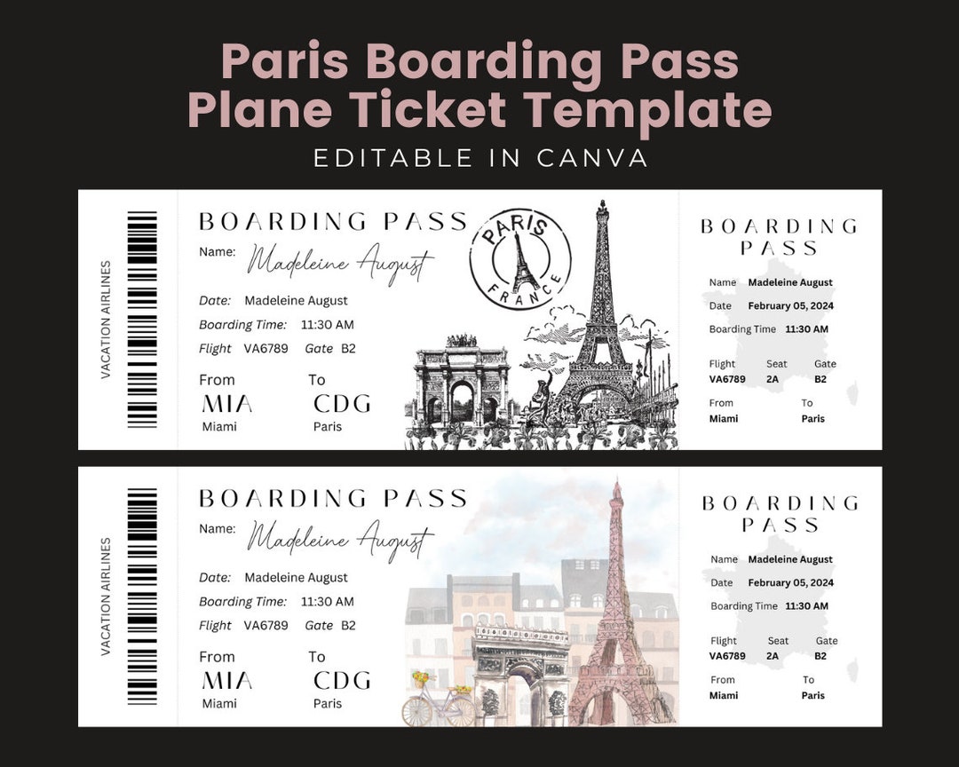Editable Paris Surprise Boarding Pass, Printable France Ticket Template ...