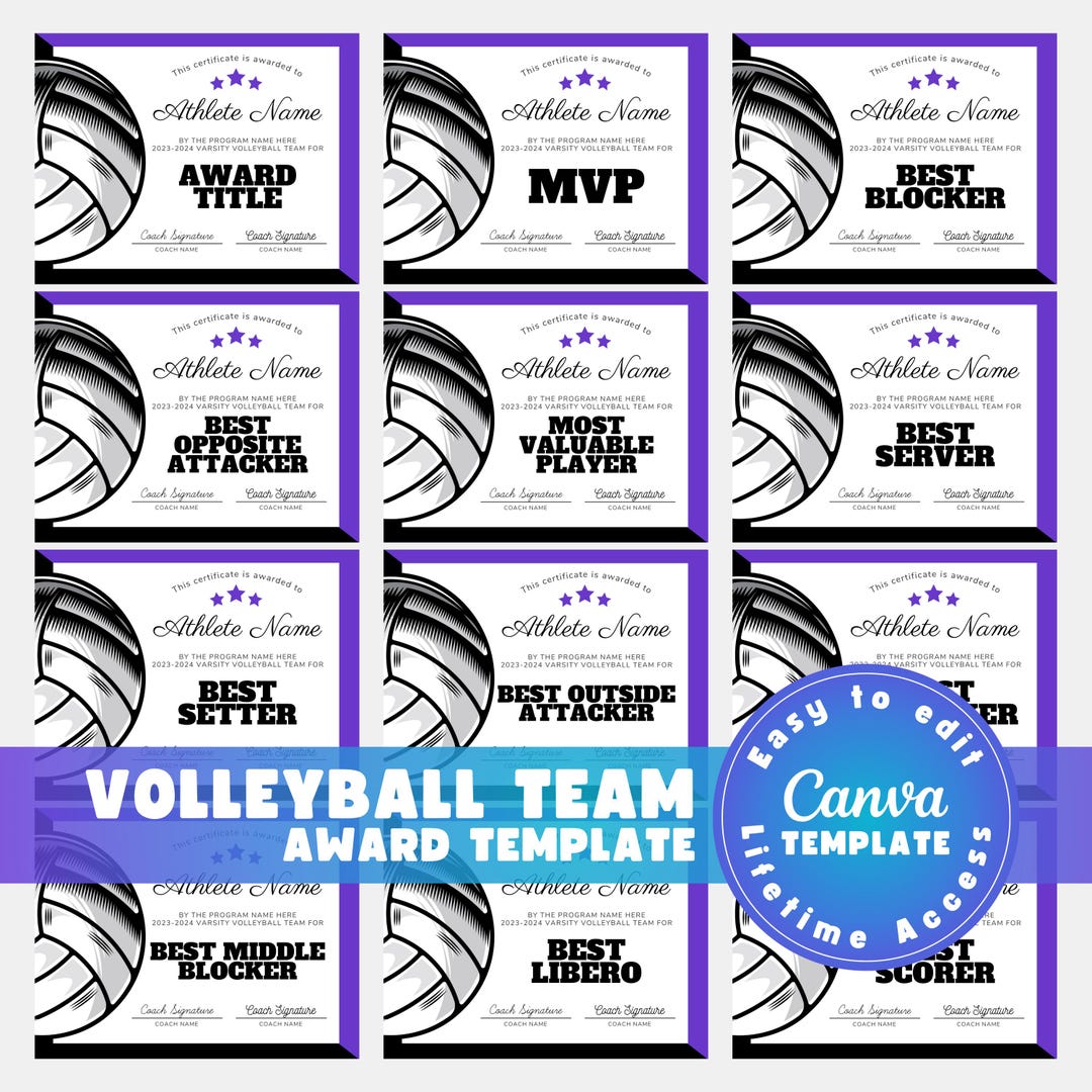 Editable Volleyball Award Certificates Team Party, Printable Canva ...