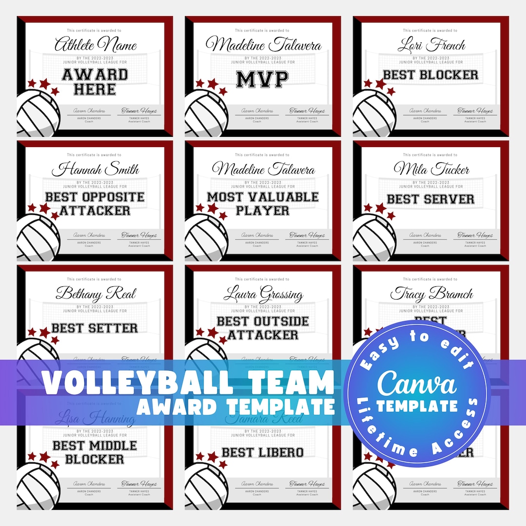 Editable Volleyball Awards Certificates Team Recognition (canva ...