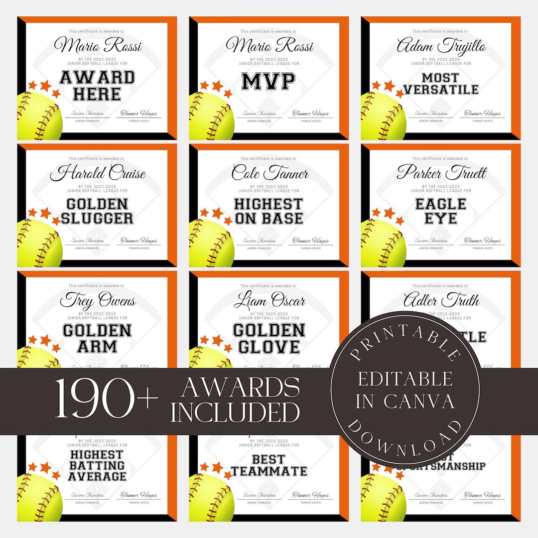 Editable Softball Awards Printable, Softball Team Certificate Bundle, Canva Template, Team Party ...