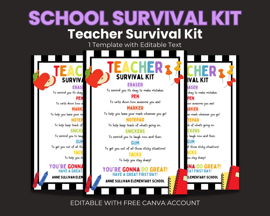 Editable Teacher Survival Kit Card, Back to School Teacher Gift ...