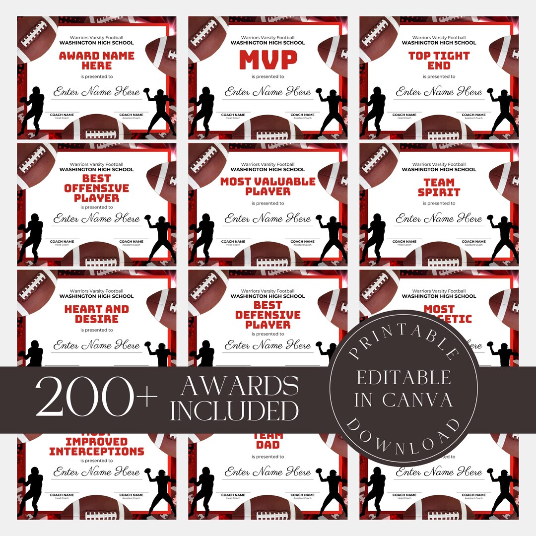 Football Award Certificate Bundle 294 Editable Team Awards (canva) - Etsy