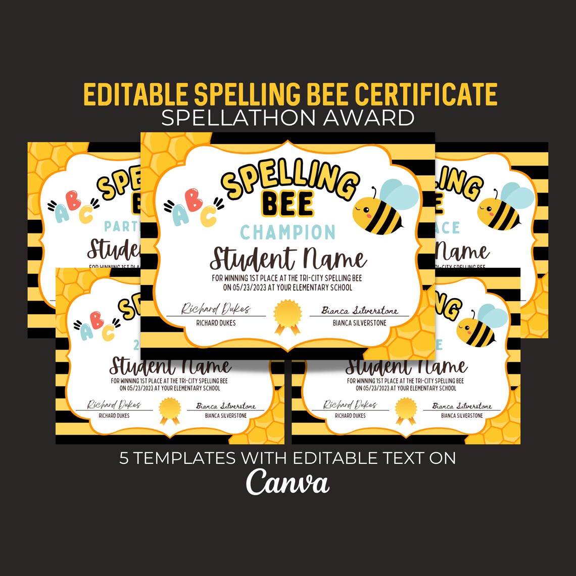 Editable Spelling Bee Certificates Spelling Bee Printable - Etsy