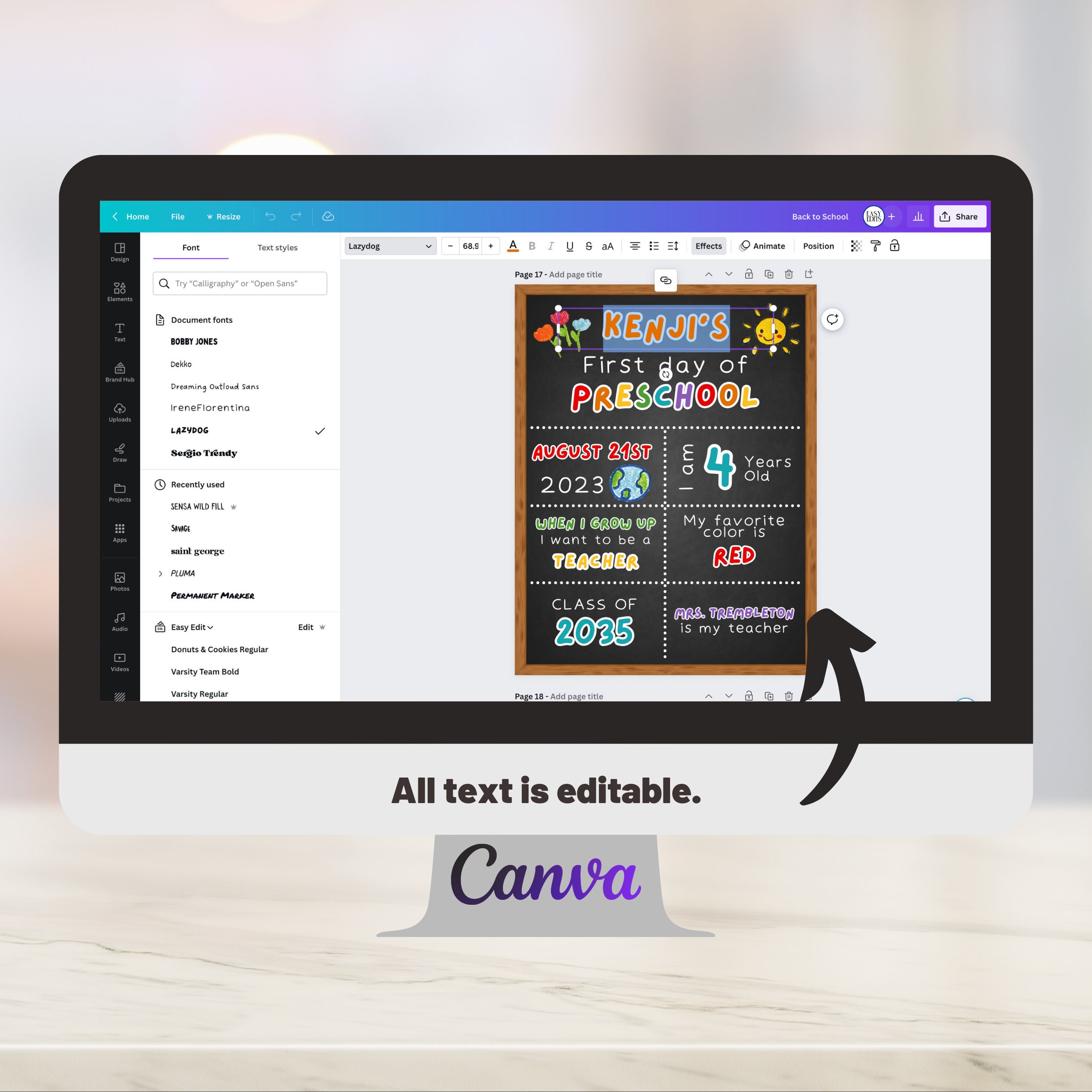 Editable First Day of School Chalkboard Kindergarten Sign - Etsy