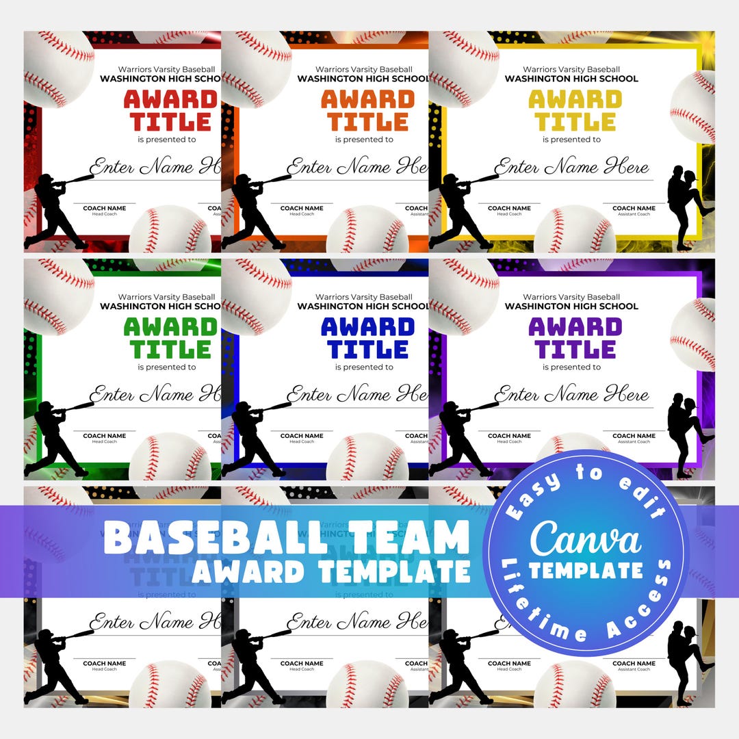 Baseball Awards Bundle, Editable Baseball Certificate Canva Template ...