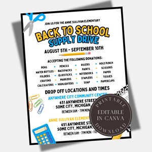 Editable Back to School Supply Drive Flyer, Printable Back to School ...