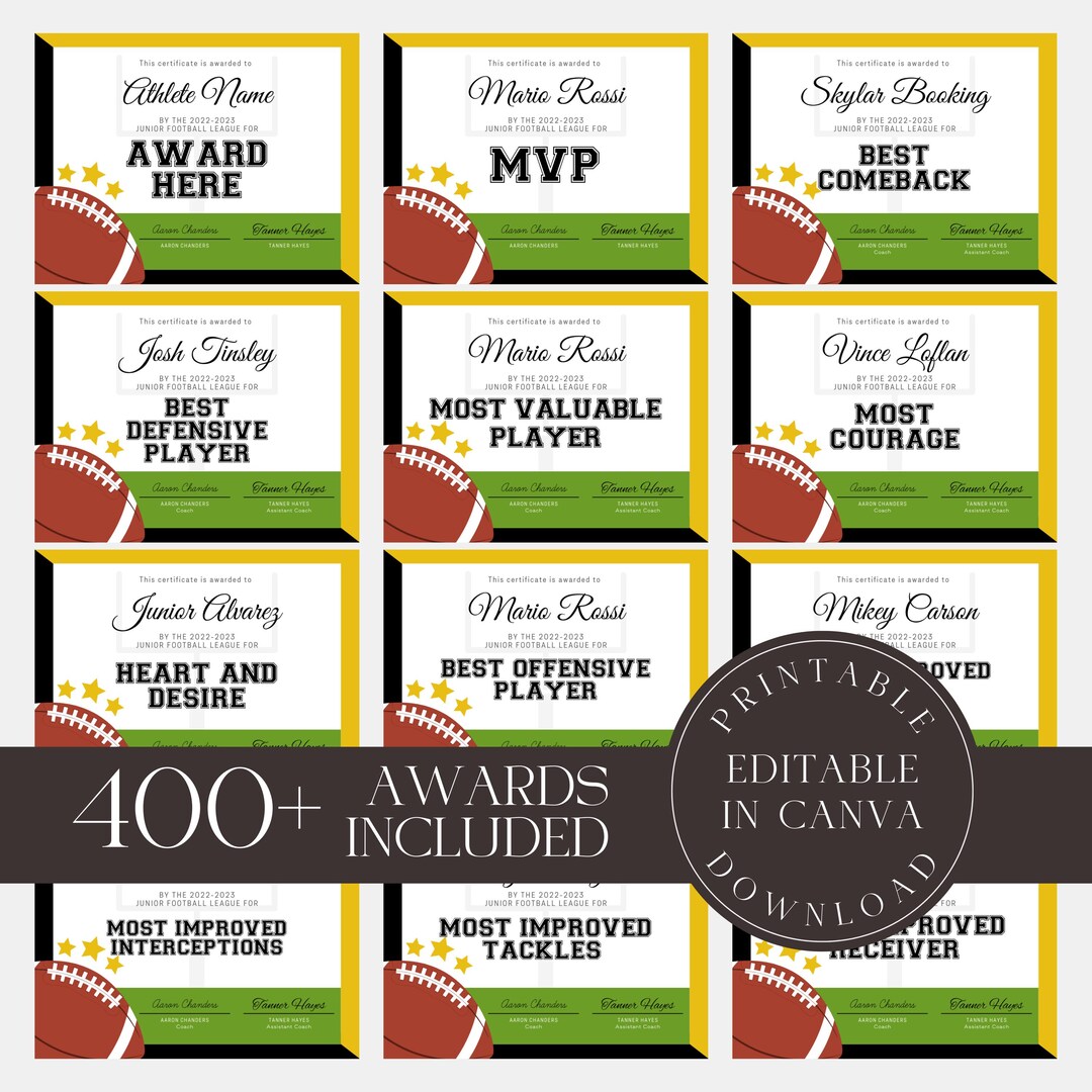 Editable Football Award Certificates Canva Template (digital Download ...
