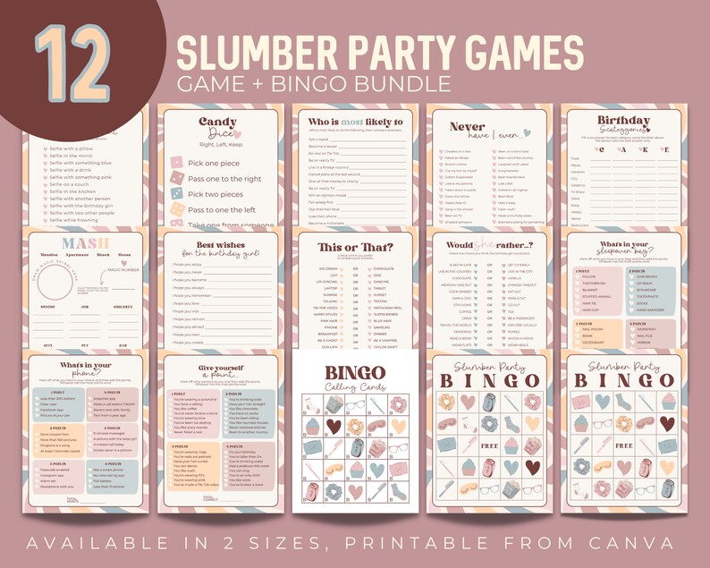 Printable Slumber Party Games Bundle Bingo Girls Sleepover Etsy