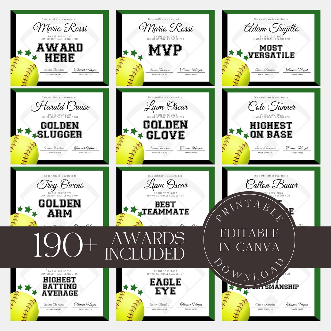 Editable Softball Awards Printable, Softball Team Certificate Bundle ...