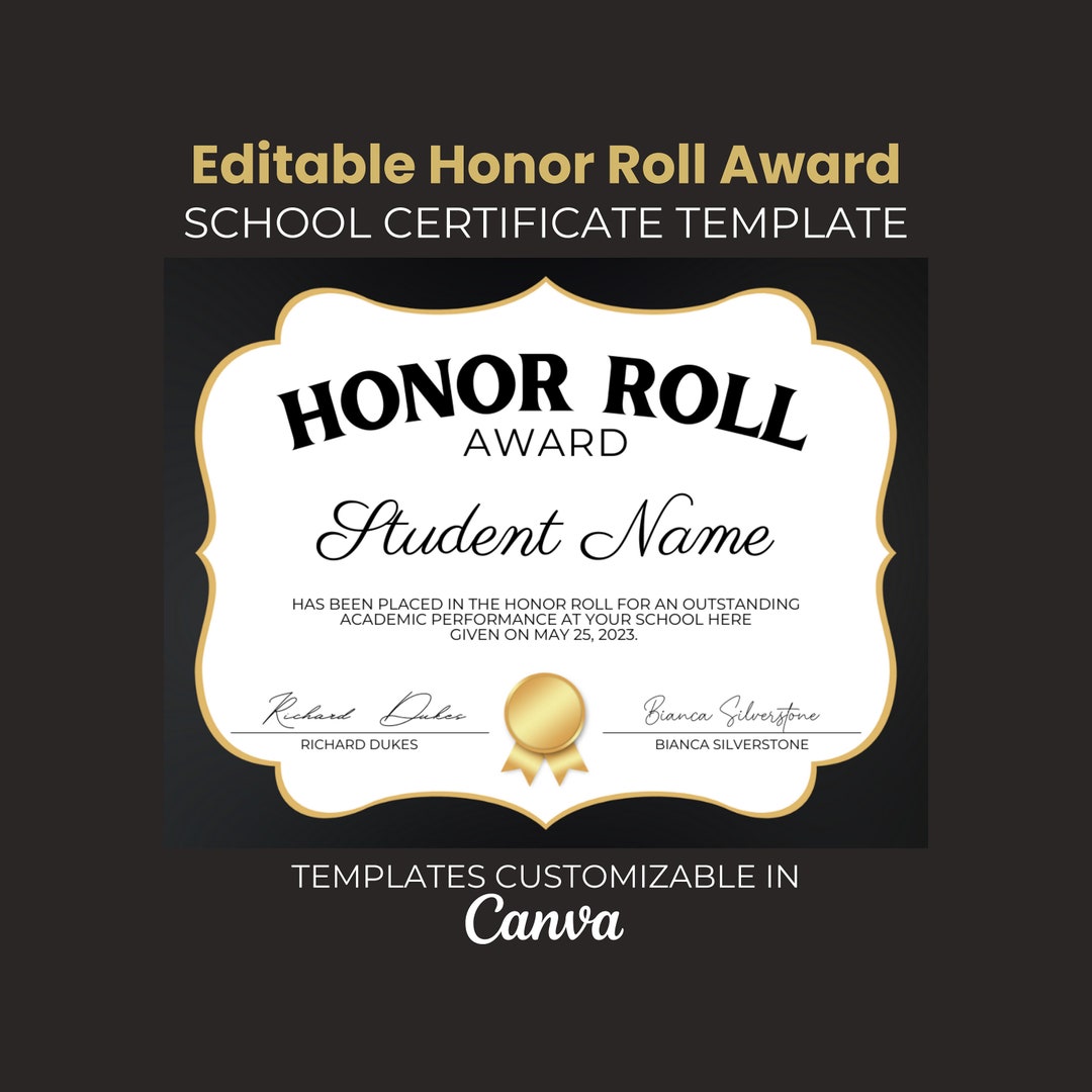 Editable School Honor Roll Certificate, Classroom Academic Excellence ...